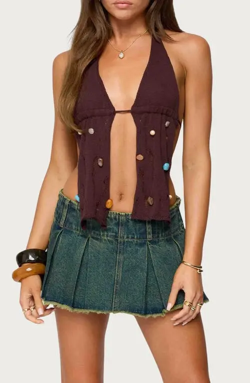 EDIKTED Beaded Distressed Halter Top - Brown