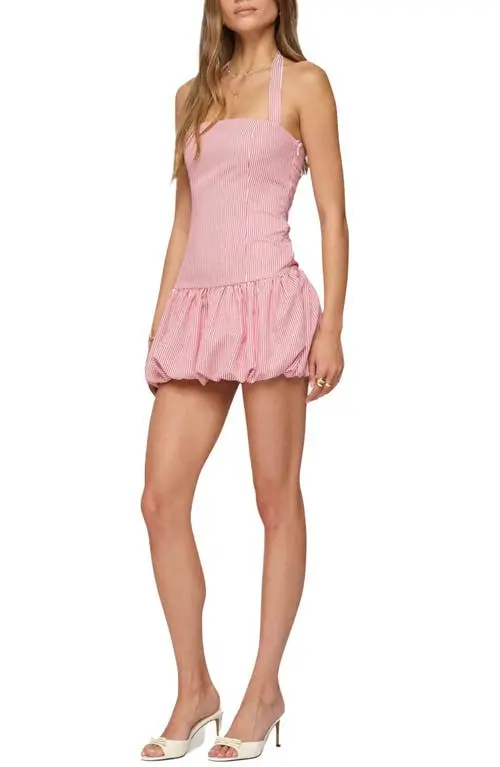EDIKTED Pinstripe Bubble Hem Halter Minidress - Red