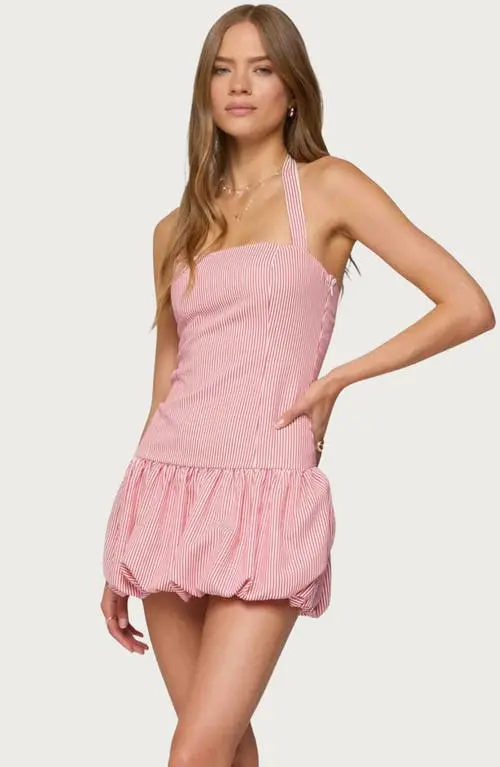 EDIKTED Pinstripe Bubble Hem Halter Minidress - Red