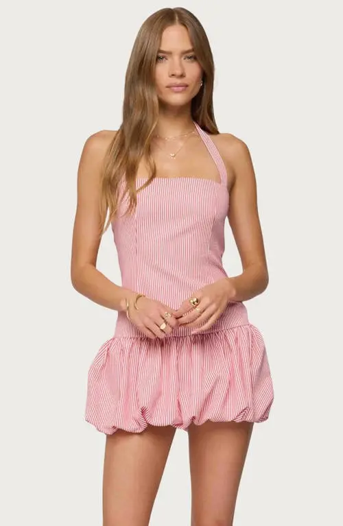 EDIKTED Pinstripe Bubble Hem Halter Minidress - Red