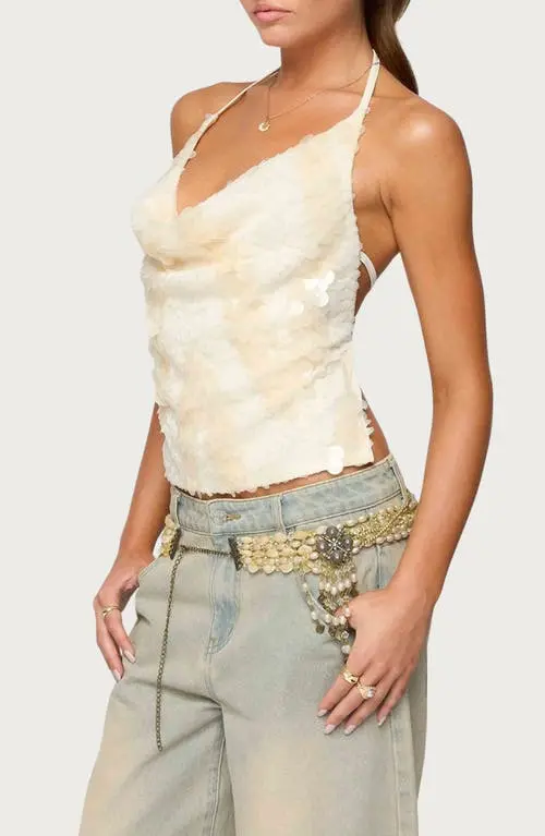 EDIKTED Sequin Cowl Neck Halter Top