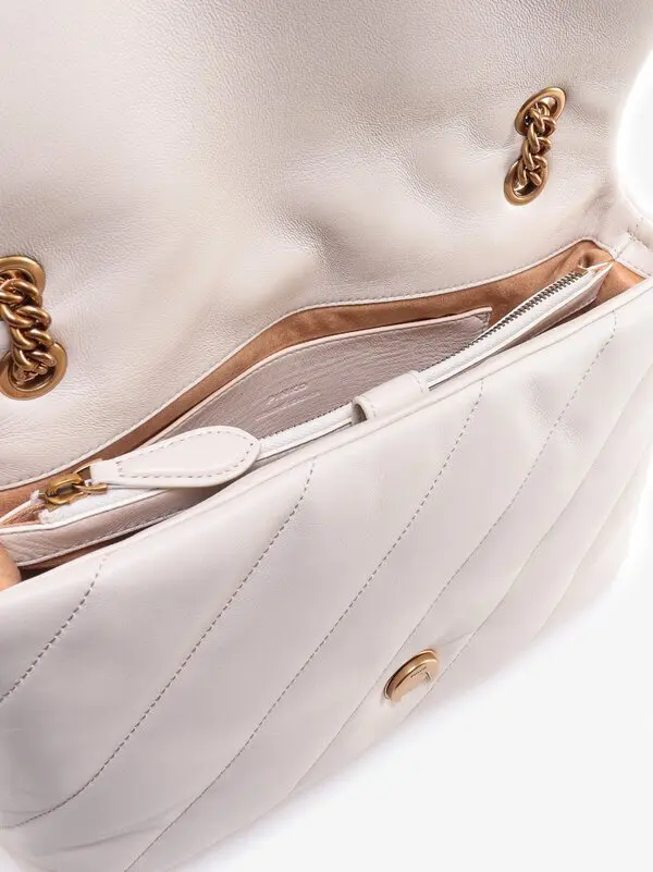 Pinko Matelassé Leather Shoulder Bag With Love Birds Buckle - White