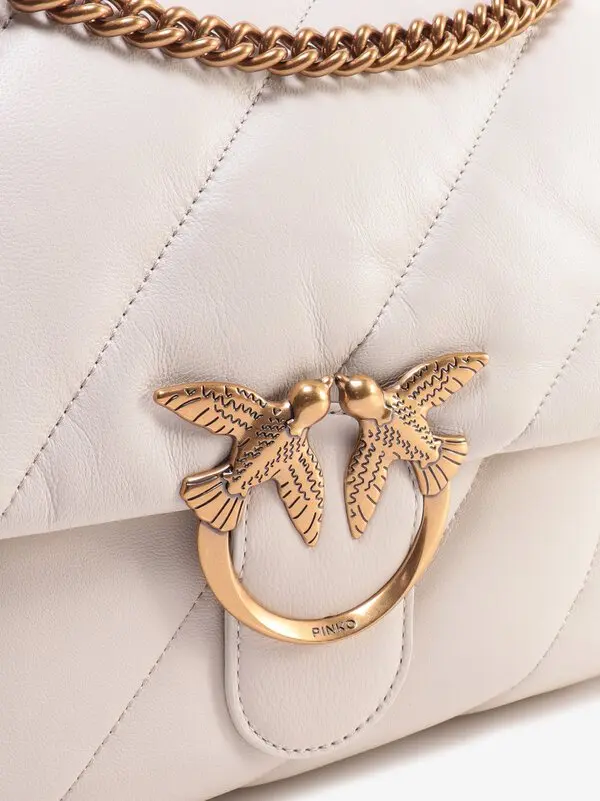 Pinko Matelassé Leather Shoulder Bag With Love Birds Buckle - White