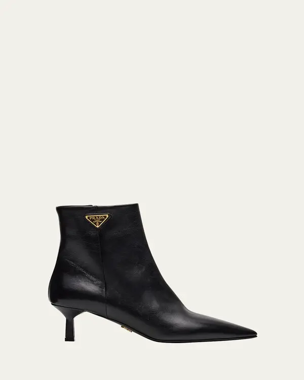 Prada Leather Kitten-heel Booties With Triangle Logo - Black