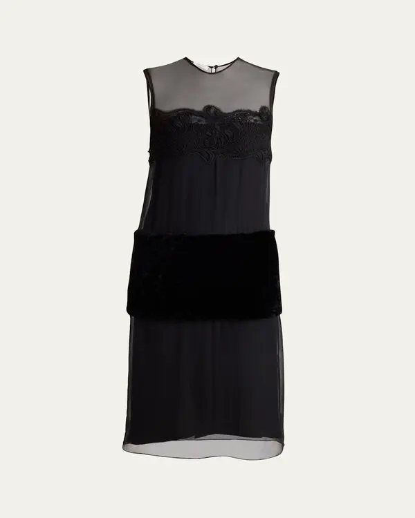 FERRAGAMO Silk Chiffon Velvet Panel Midi Dress