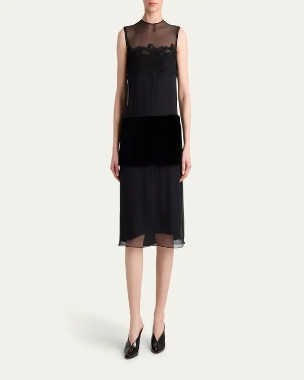 FERRAGAMO Silk Chiffon Velvet Panel Midi Dress