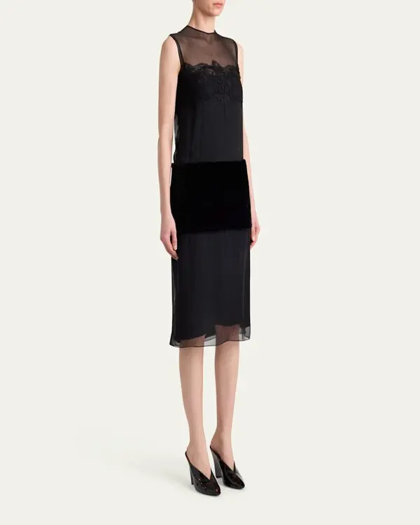 FERRAGAMO Silk Chiffon Velvet Panel Midi Dress