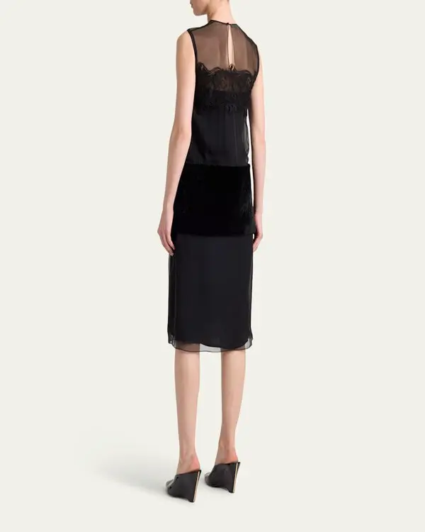 FERRAGAMO Silk Chiffon Velvet Panel Midi Dress