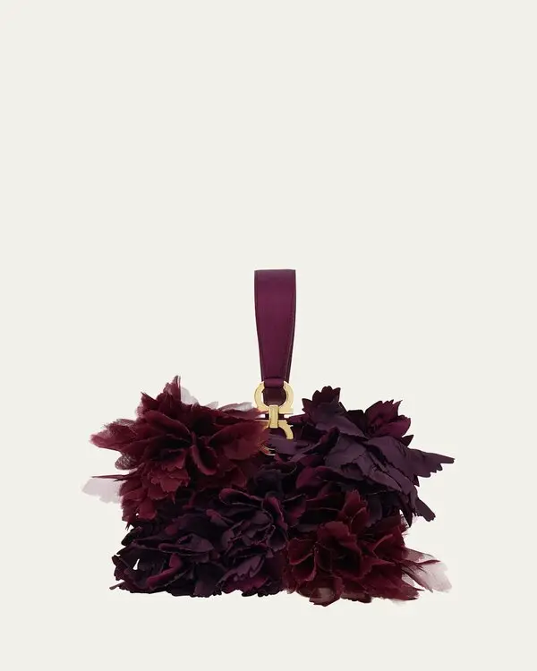 FERRAGAMO Flowers Suede Wristlet Clutch Bag - Plum Nero