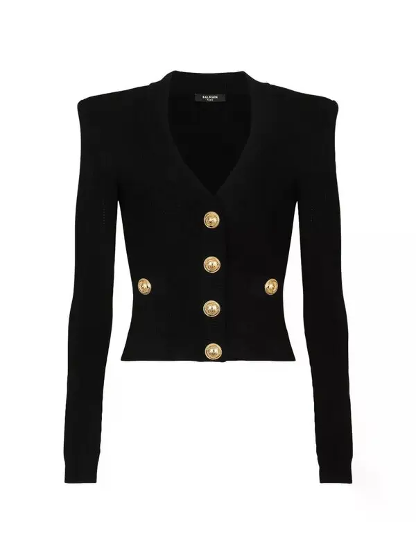 Balmain Crop Knit Cardigan With Gold-tone Buttons - Black