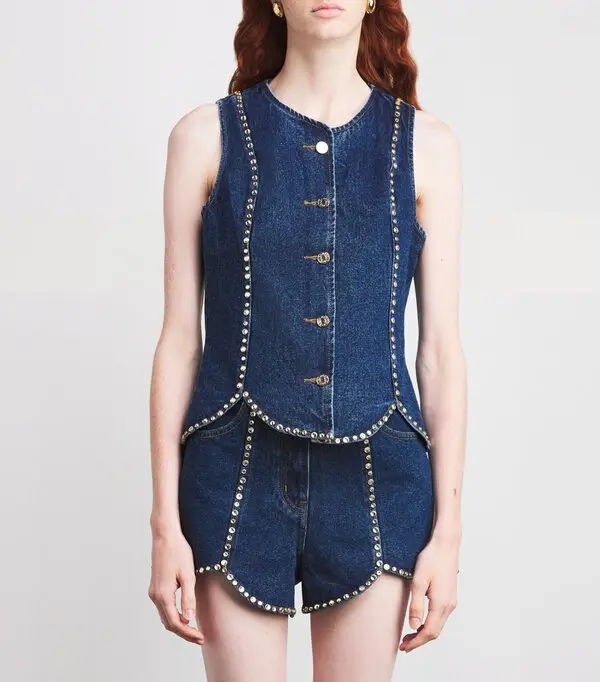 Sandro Embellished Denim Top - Blue