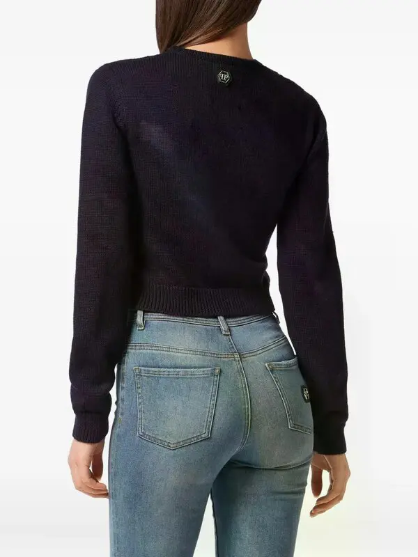 Philipp Plein Round Neck Long Sleeve Pullover Sweater With Teddy Bear Embroidery - Black
