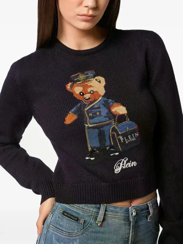 Philipp Plein Round Neck Long Sleeve Pullover Sweater With Teddy Bear Embroidery - Black