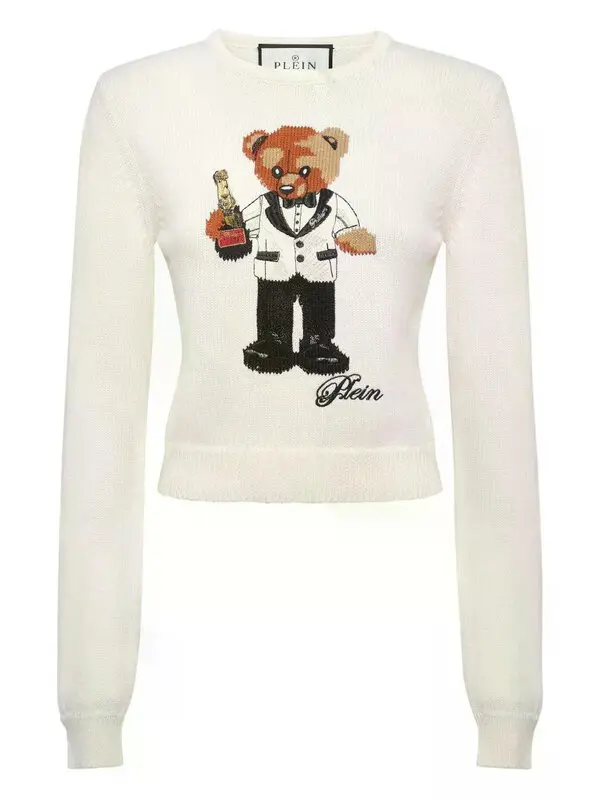 Philipp Plein Teddy Bear Embroidered Crew Neck Sweater - White