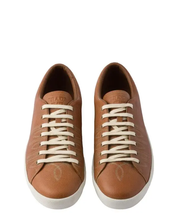Prada Aged-effect Leather Low Top Sneakers - Brown