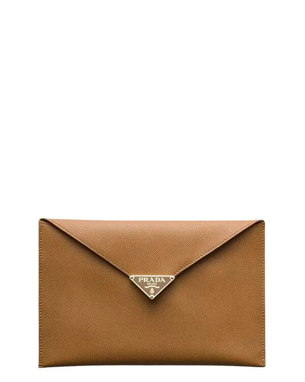 Prada Saffiano Leather Envelope Clutch With Card Slots - Brown