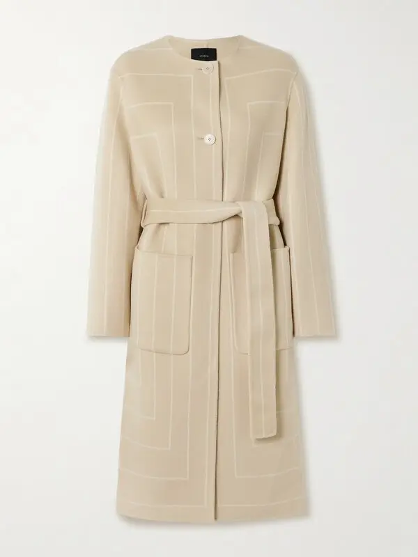 JOSEPH Scheffer Belted Striped Wool And Silk-blend Coat