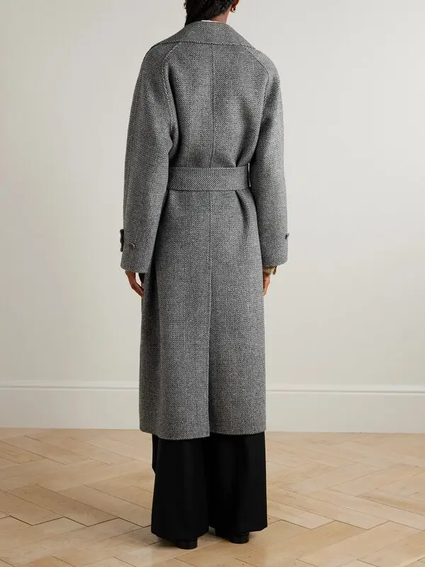 JOSEPH Navarre Belted Herringbone Wool Coat - Gray