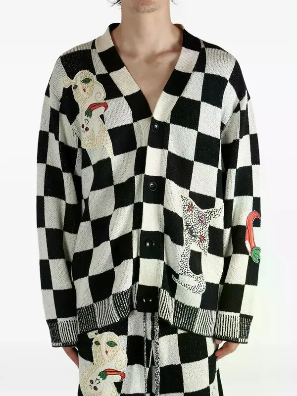 THE ELDER STATESMAN Nora Lite Creatures Check-pattern Embroidered Cardigan - Black