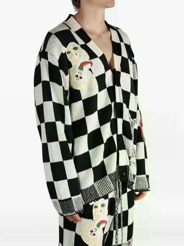THE ELDER STATESMAN Nora Lite Creatures Check-pattern Embroidered Cardigan - Black