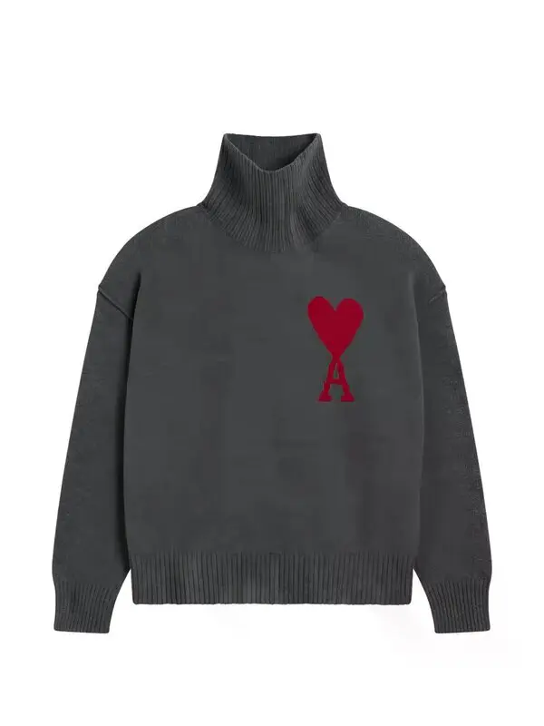 AMI Paris Funnel Neck Wool Sweater With De Coeur - Grey