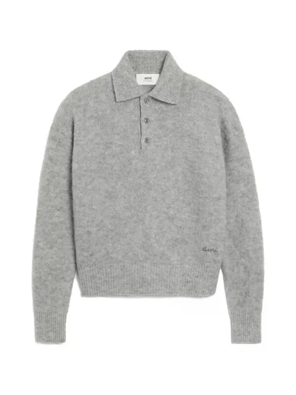 AMI Paris Long-sleeve Logo-embroidered Polo Shirt - Grey