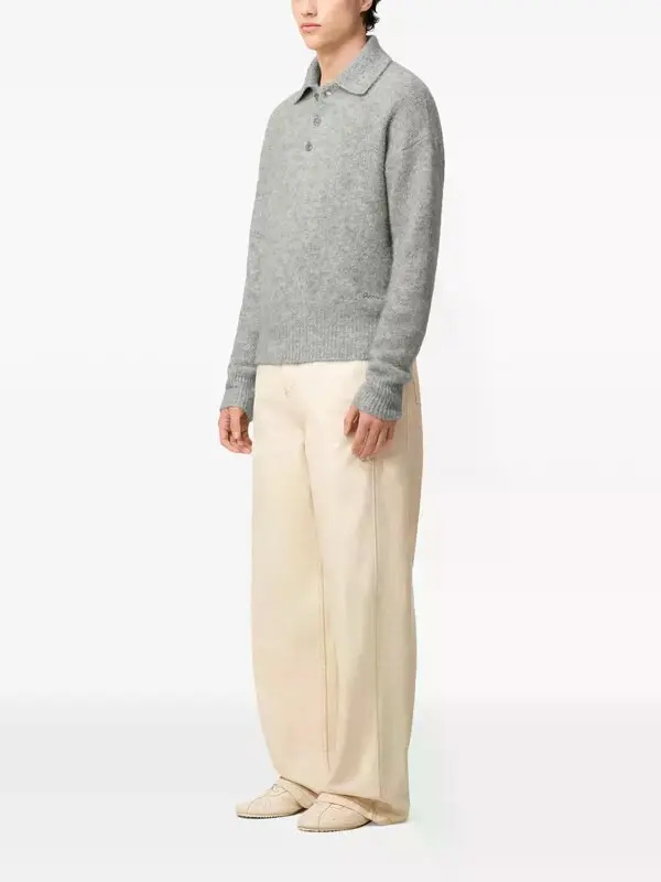 AMI Paris Long-sleeve Logo-embroidered Polo Shirt - Grey
