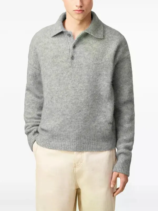 AMI Paris Long-sleeve Logo-embroidered Polo Shirt - Grey