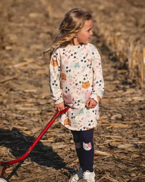DEUX PAR DEUX French Terry Dress With Cat And Flower Print - Beige