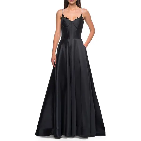 La Femme Mikado A-line Gown With Lace Detail - Black