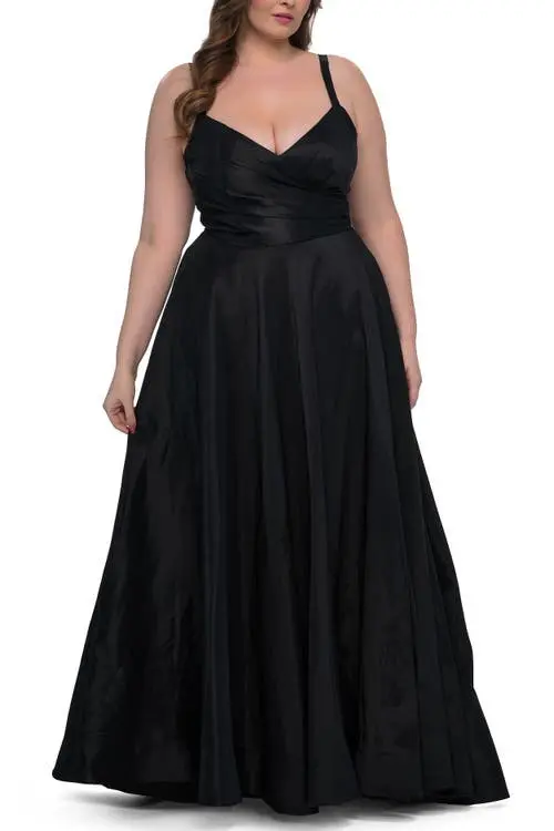 La Femme A-line Mikado Plus Dress With Slit