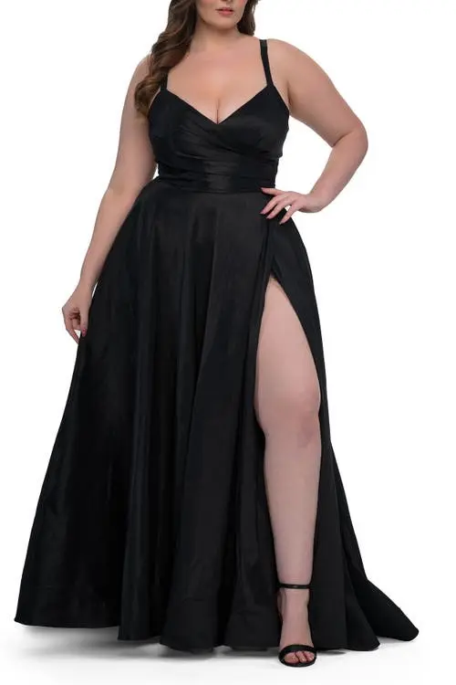 La Femme A-line Mikado Plus Dress With Slit