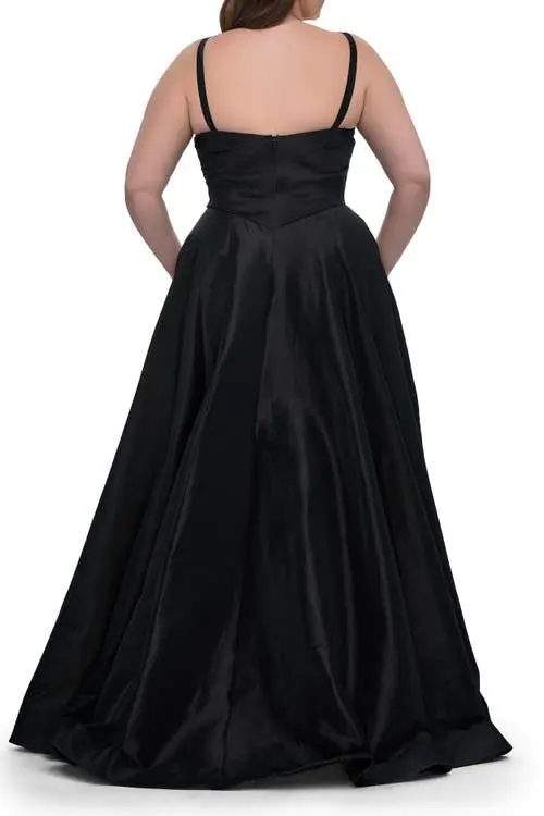 La Femme A-line Mikado Plus Dress With Slit
