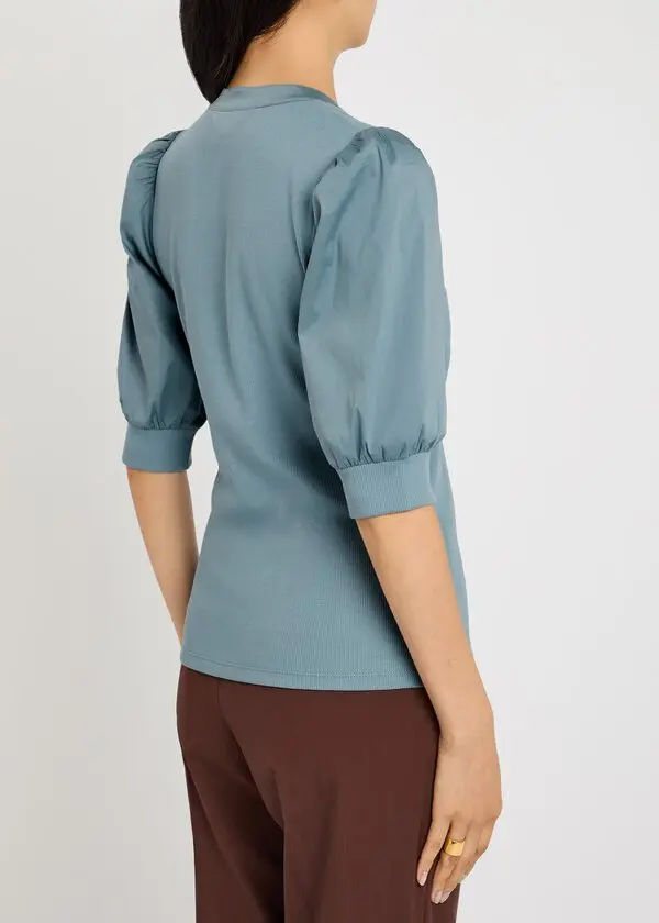 Veronica Beard Coralee Ribbed Stretch-cotton Top - Blue