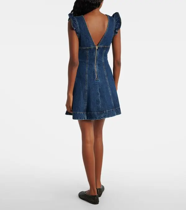 SELF-PORTRAIT Bow-detail Ruffled Denim Mini Dress