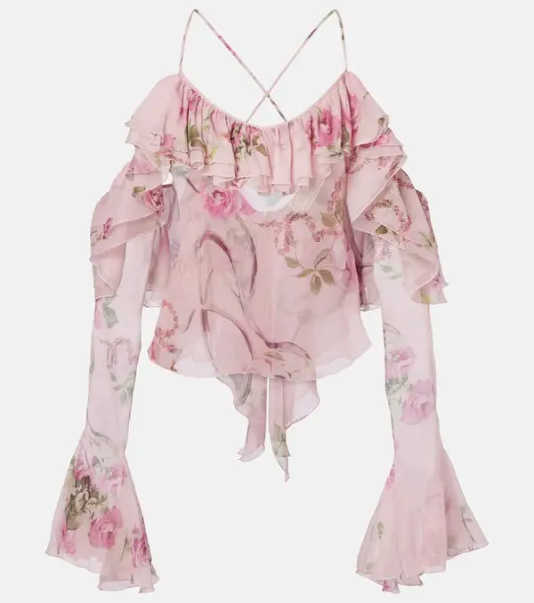 Blumarine Ruffle-trimmed Floral Silk Top