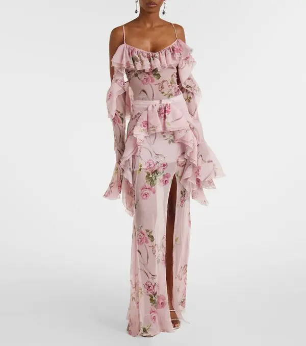 Blumarine Ruffle-trimmed Floral Silk Top