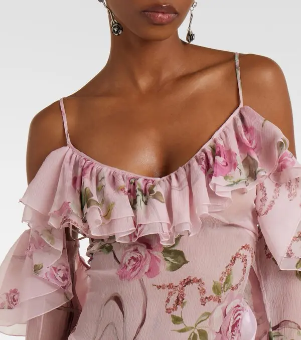 Blumarine Ruffle-trimmed Floral Silk Top