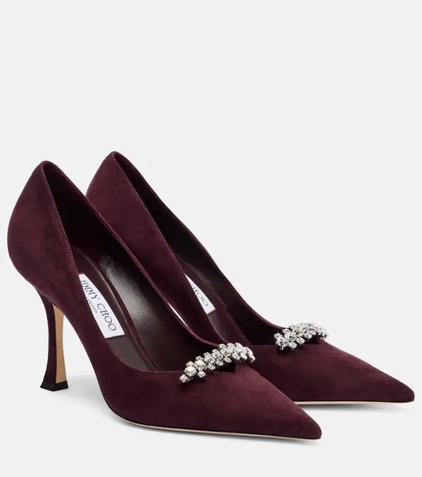 JIMMY CHOO Belinda 90 Crystal-embellished Suede Pumps - Burgundy