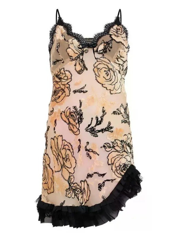 Roberto Cavalli Rose-print Ruffled Dress - Neutrals