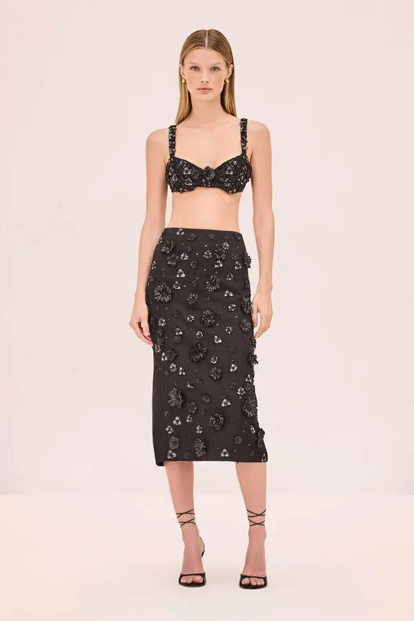 Alexis Torie Appliqué Midi Skirt - Black
