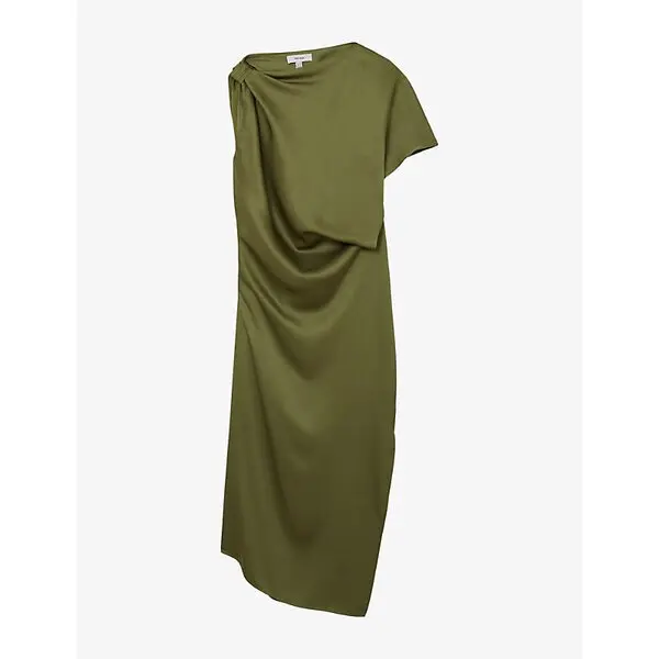 REISS Kenzie Draped Satin Midi Dress - Olive Green