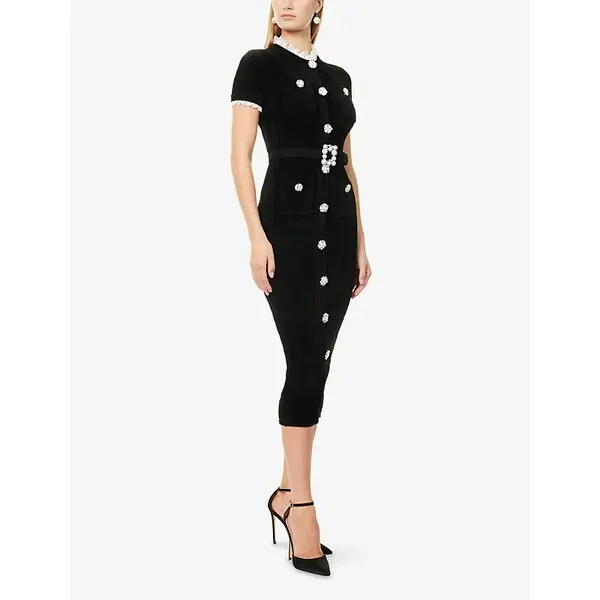 Self-Portrait Crystal-Embellished Lace-Trim Chenille-Knit Midi Dress - Black  | Editorialist