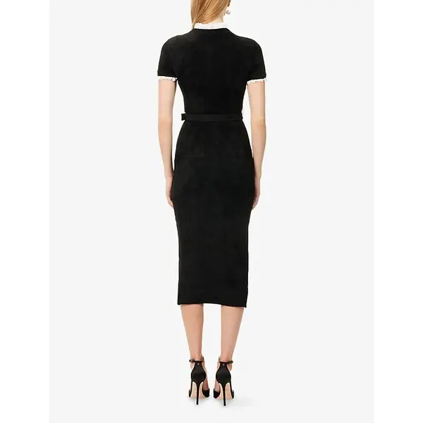 Self-Portrait Crystal-Embellished Lace-Trim Chenille-Knit Midi Dress - Black  | Editorialist