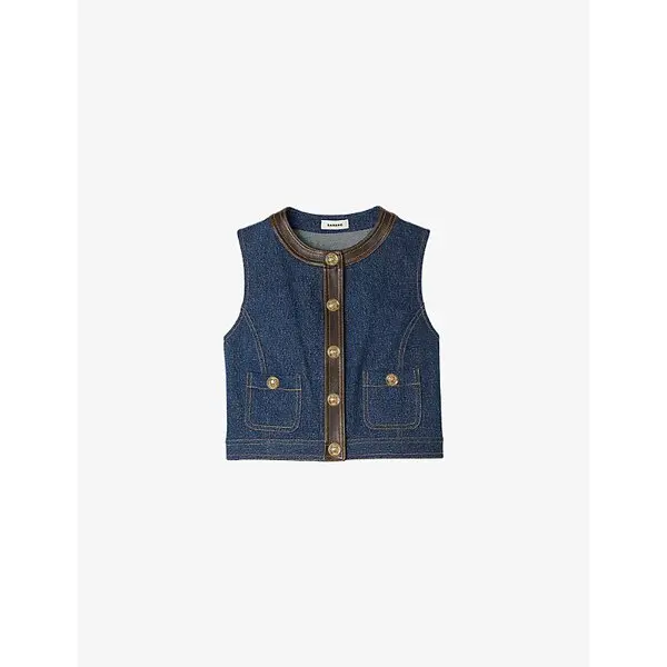 Sandro Leather-trimmed Denim Button-down Top