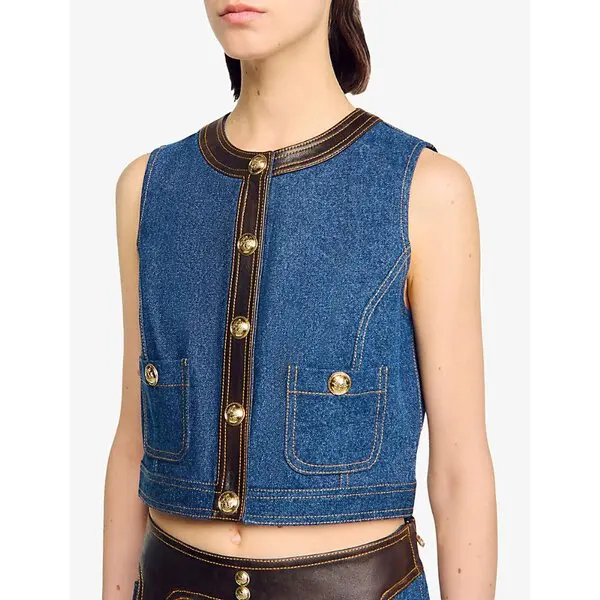 Sandro Leather-trimmed Denim Button-down Top