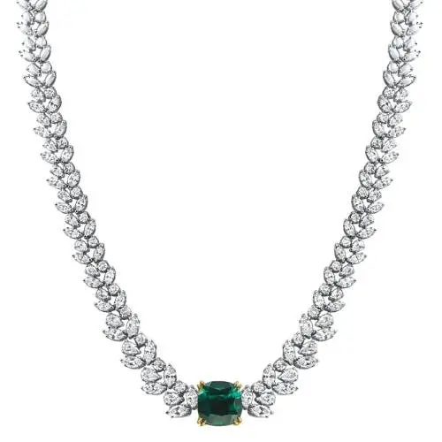 BLISS DIAMOND 16.65ct Lab Grown Diamond And Emerald 18k Gold Necklace - 18k White Gold