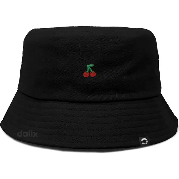 DALIX Bucket Hat With Embroidered Cherry Design - Black