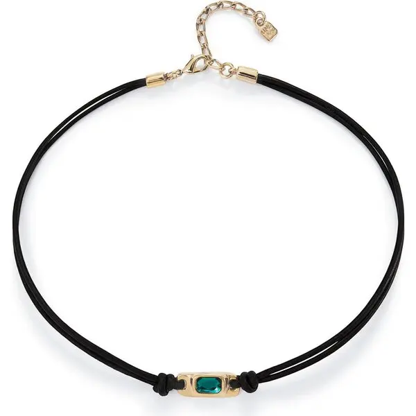 UNODE50 Green Crystal Leather Necklace - Gold