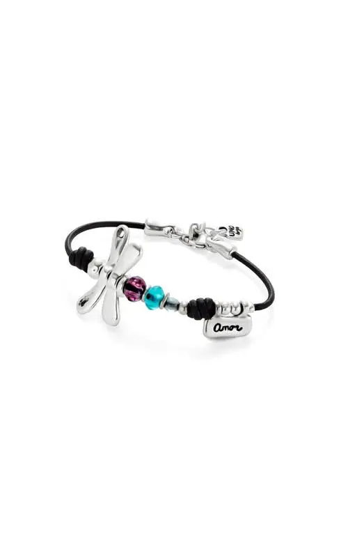 UNODE50 Dragonfly Charm Leather Bracelet - Silver